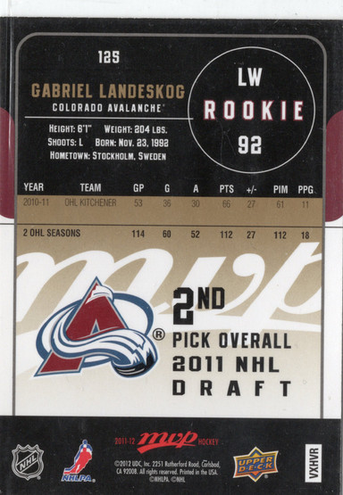 2011-12 Upper Deck 2011-12 Upper Deck MVP Update #125 Gabriel Landeskog ...