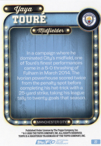 2025-26 Topps Manchester City Collectors Tin Parallel #27 Yaya Toure ...