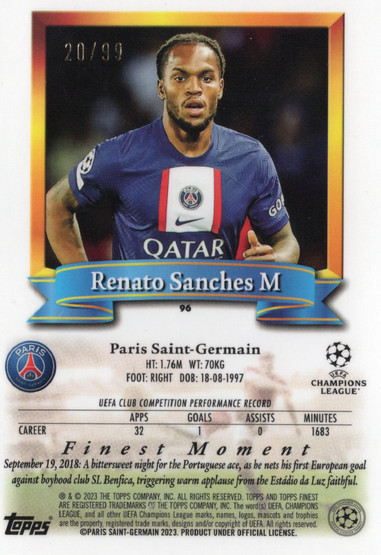 2022-23 Topps Finest Flashbacks UEFA Club Competitions Blue #96 Renato ...