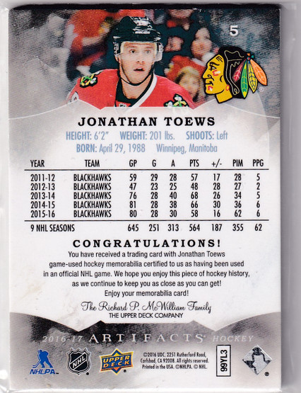 2016-17 Artifacts Materials Emerald #5 Jonathan Toews /75 – Euro Elite ...
