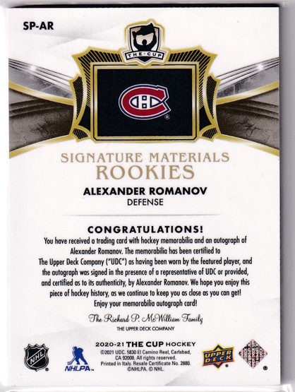 2020-21 The Cup Signature Materials #SPAR Alexander Romanov/99 – Euro ...
