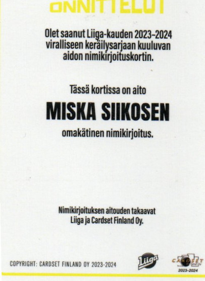 2023-24 Cardset Miska Siikonen Signature /100 – Euro Elite Cards