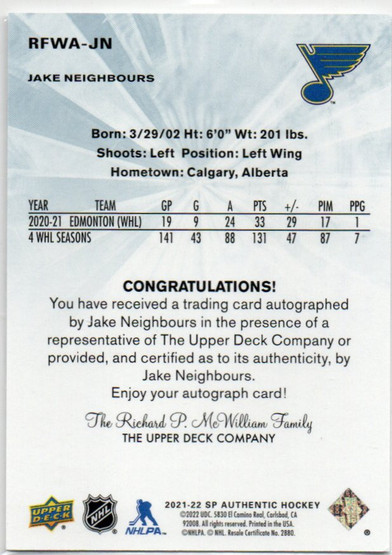 2021-22 SP Authentic '11-12 Retro Future Watch Autographs #RFWAJN Jake ...